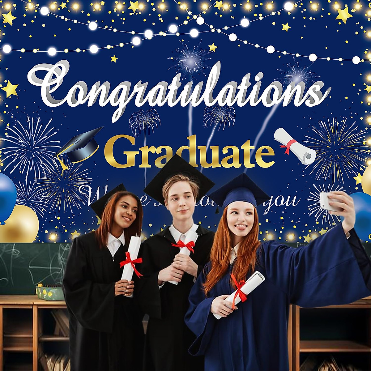 Graduation Backdrop 2024 Congrats Grad Banner Blue Gold Graduation Banner.Class of 2024 Graduation Decorations Photography Background.