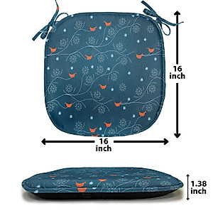 Ambesonne Winter Chair Seating Cushion Set of 4, Orange Birds on Leafless Tree Branches Snowy Woods Nature, Anti-Slip Seat Padding for Kitchen & Patio, 16"x16", Petrol Blue Orange White