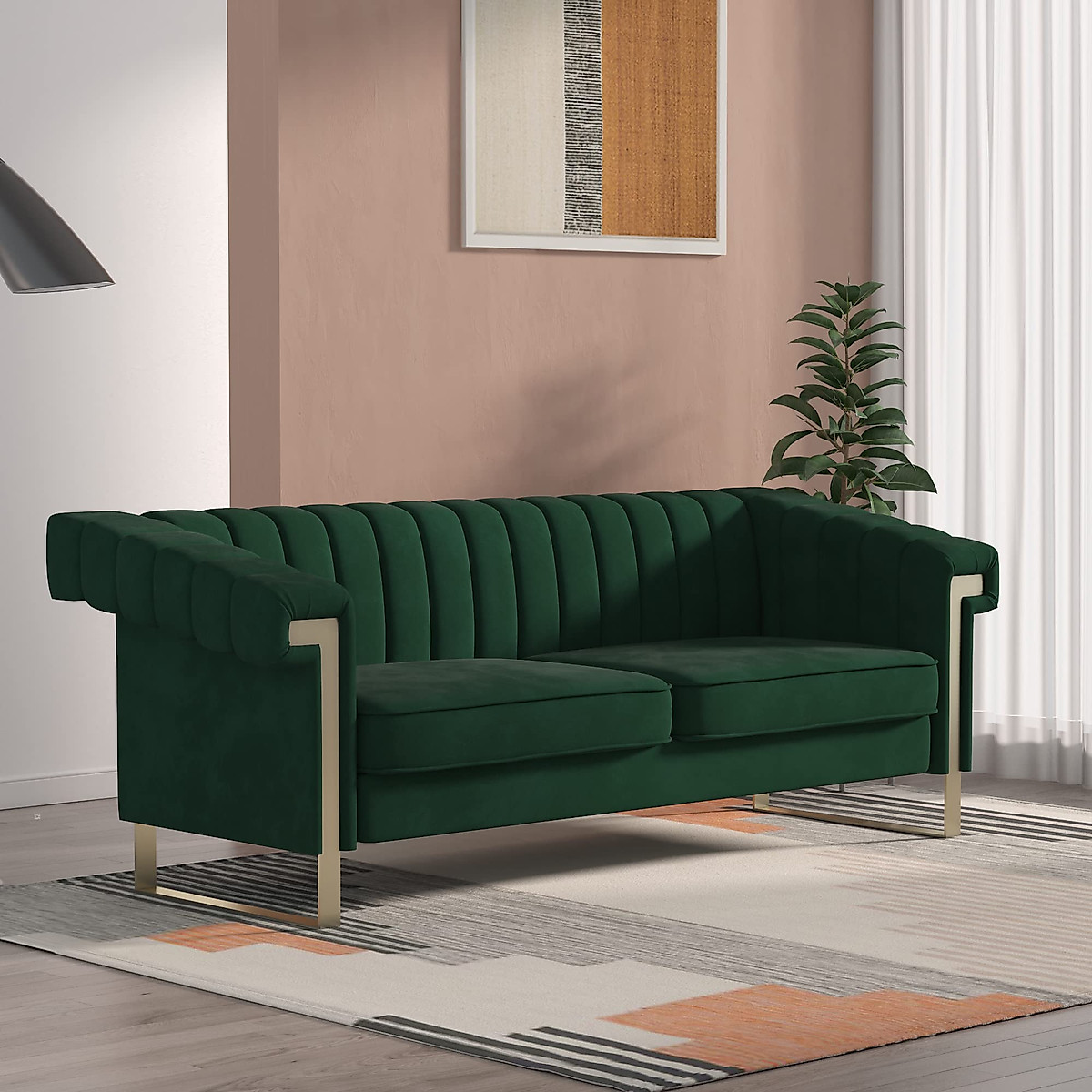 MGH Modern Velvet Sofa,Channel Tufted Velvet Sofa Couch with Stainless Steel Base and Comfortable Cushion,83.86“ Lx 30.71“ Wx 30.51“ H (Green)