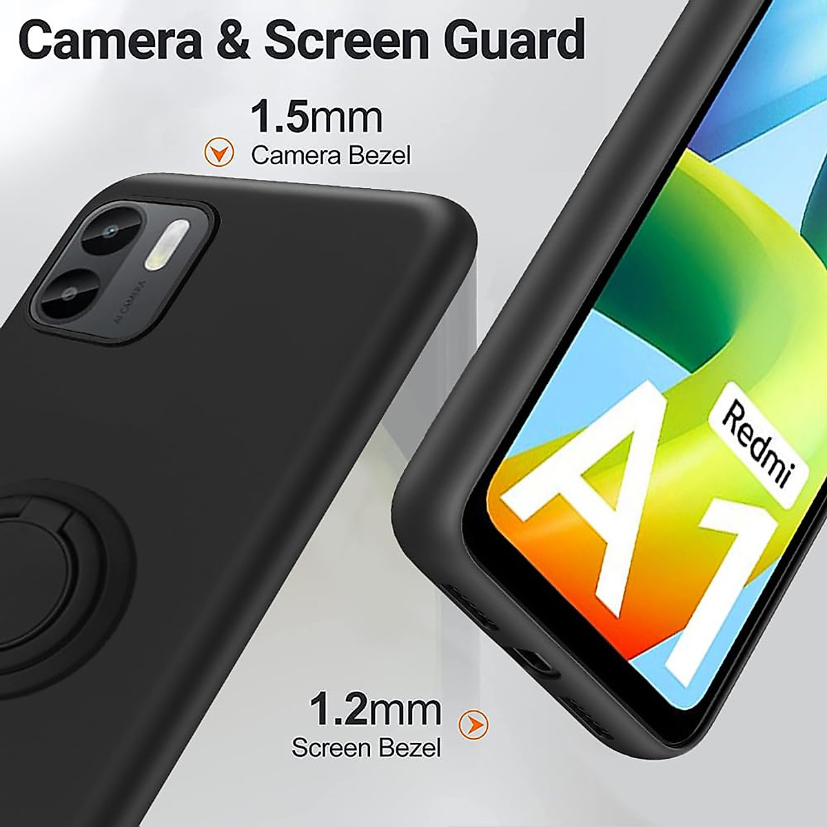 for Xiaomi Redmi A1/Redmi A2 Phone Case with Glass Screen Protector, 360° Rotatable Ring Holder Magnetic Kickstand/Stand Silicone TPU Shockproof Protective Cover Case for Xiaomi Redmi A1 4G - Black