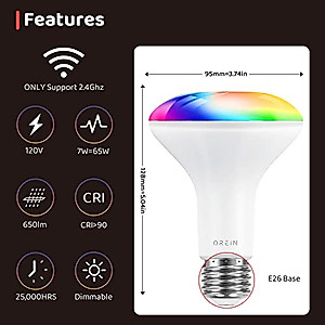 OREiN Smart Flood Light Bulbs, Music Sync RGBTW LED Color Changing Light Bulb, 65W Equivalent BR30 WiFi LED Light Bulbs, WiFi Smart Bulbs That Work with Alexa/Google Home/Siri, 650LM CRI>90 4 Pack