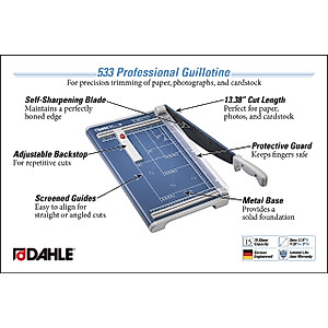 Dahle - 00533-21261 533 Professional Guillotine Trimmer, 13-3/8" Cut Length, 15 Sheet Capacity, Self-Sharpening, Manual Clamp, German Engineered Cutter