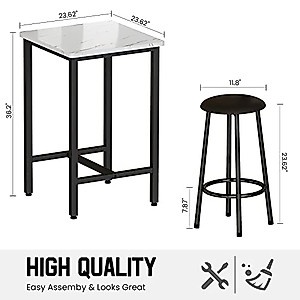 Recaceik 3 Pieces Bar Table Set, Square Pub Table with 2 Bar Stools, Faux Marble Dining Table Set of 2, Kitchen Counter Height Table with 2 Chair, Modern Bar Table Set for Living Room, Restaurant