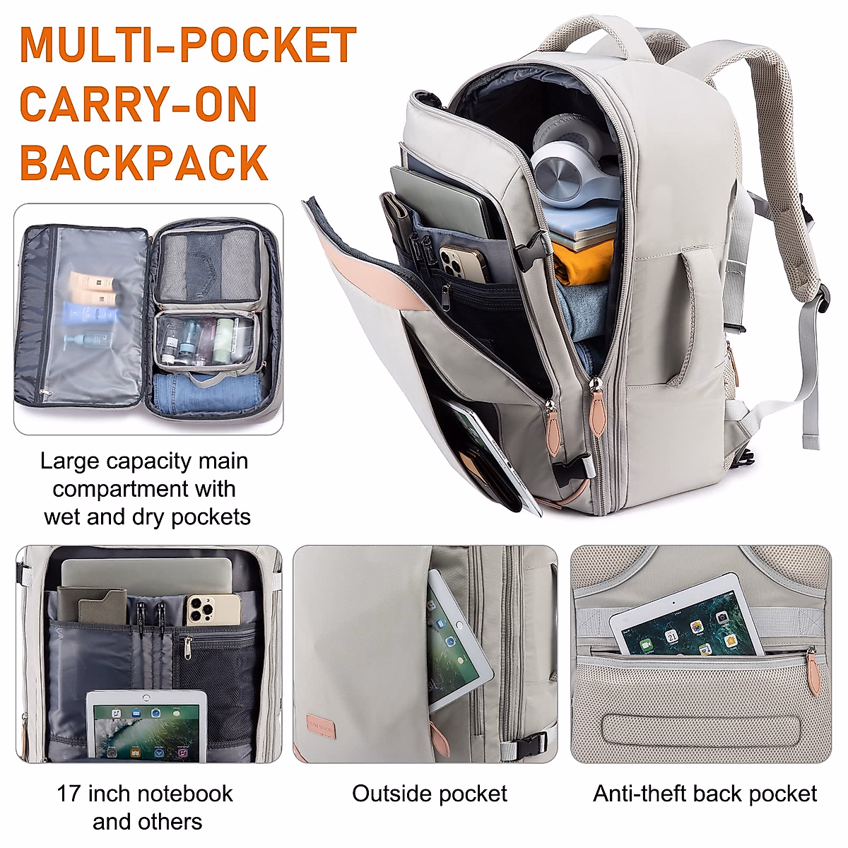 LOVEVOOK Carry on Backpack, 45L Large Travel Backpack for Women Airline Approved, Expandable Large Suitcase Backpacks With 4 Packing Cubes, Aer Travel Pack 3, Water Resistant Weekender Bag