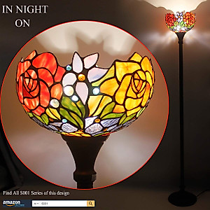 WERFACTORY Tiffany Floor Lamp Red Rose Flower Stained Glass Light 10X10X66 Inches Pole Torchiere Standing Corner Torch Uplight Decor Bedroom Living Room Home Office S001 Series