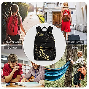 Aeoiba Chic Black and Gold Marble Texture Backpack, PU Leather Travel Laptop Backpack with USB Charging Port, Water Resistant College School Computer Bag for Men & Women Fits 15.6 Inch Notebook