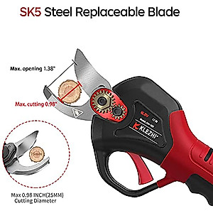 K KLEZHI Professional Cordless Electric Pruning Shears Branch Pruner 2 Pcs Backup Rechargeable Lithium Battery Powered Tree, 1INCH (25mm) (Black & Red)