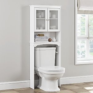 Spirich Over The Toilet Storage Cabinet, Above Toilet Storage Shelf with Glass Doors, Behind Toilet Bathroom Organizer, White