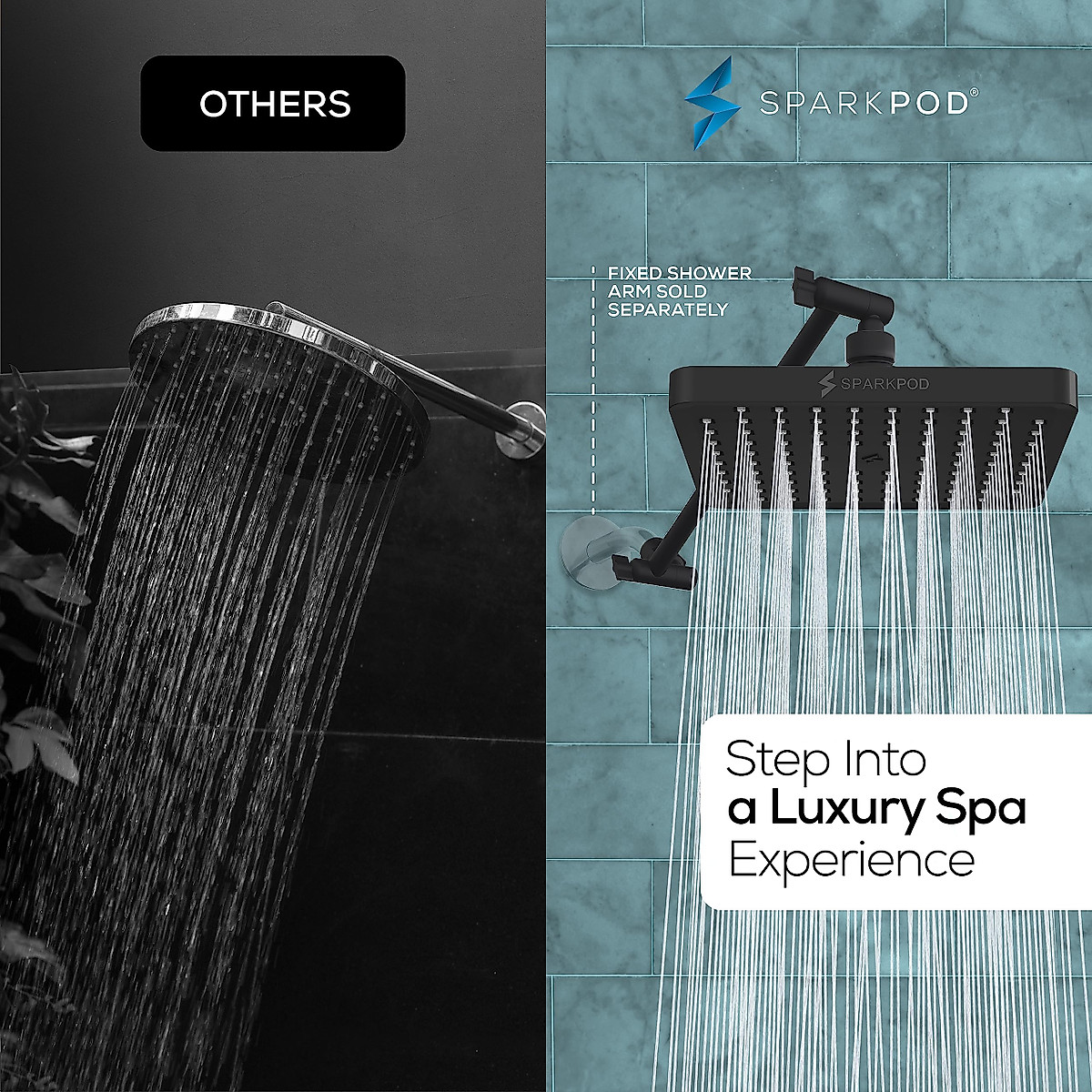 SparkPod Square Rain Shower Head with Shower Head Extension Arm - High Pressure Rain - Luxury Modern Look - No Hassle Tool-less 1-Min Installation (11" Shower Arm Extension, Elegant Brushed Nickel)