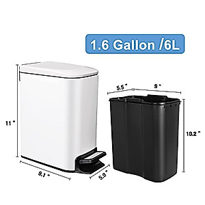 TrashAid Small Bathroom Trash Can with Lid Soft Close, 6 Liter / 1.6 Gallon Stainless Steel Garbage Can Narrow with Removable Inner Bucket, Step Pedal (White)