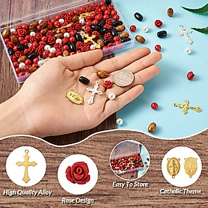 Mega Pet 180Pcs Catholic Rosary Jewelry Making Kits 3D Rose Cinnabar Beads with Barrel Wood Beads Round Glass Pearl Beads Crucifix Cross Pendants Rosary Beads for DIY Necklace Bracelet Jewelry Making