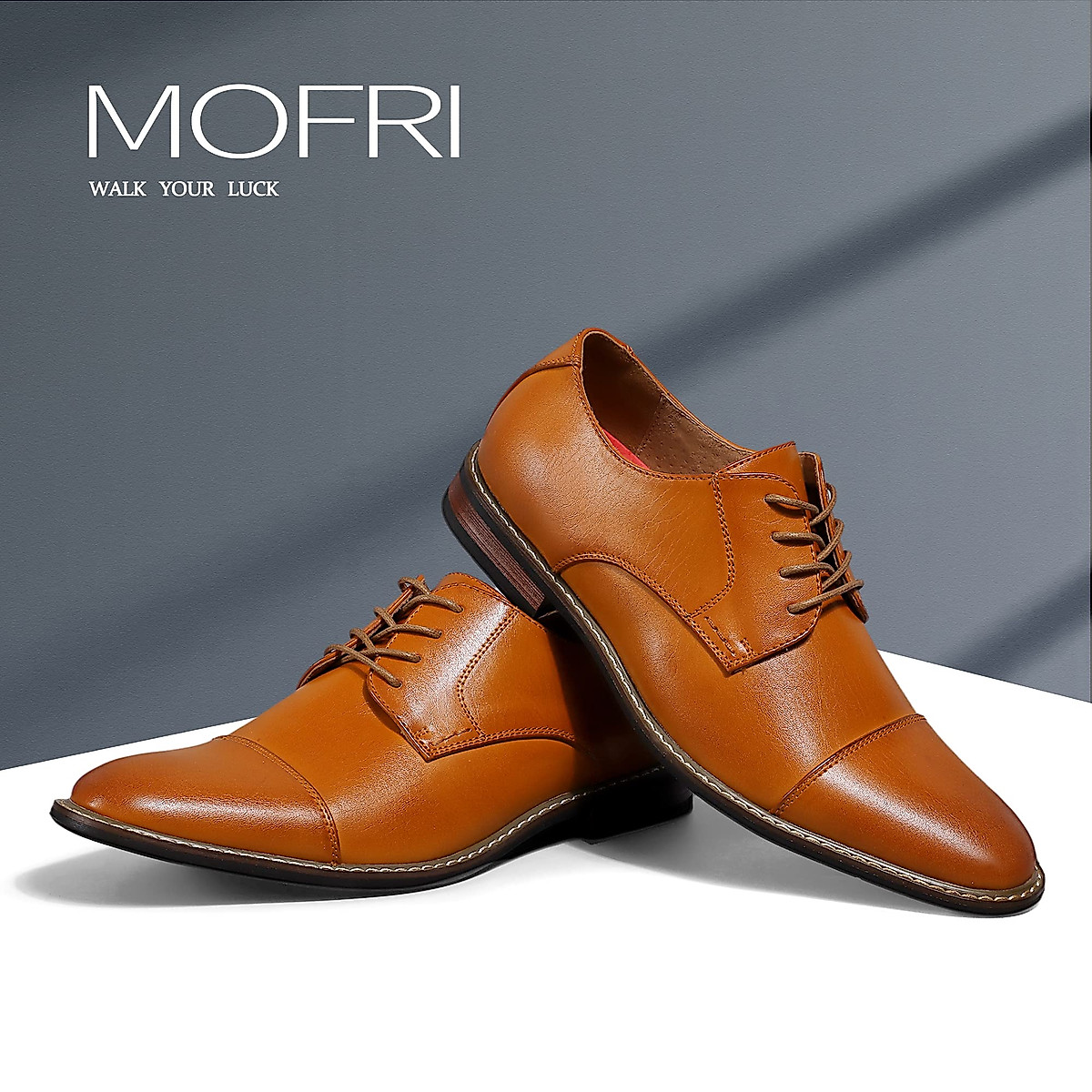 Mofri Men's Oxford Dress Shoes Classic Cap Toe Formal Lace Up Dress Shoes(Brown Pu,7.5)