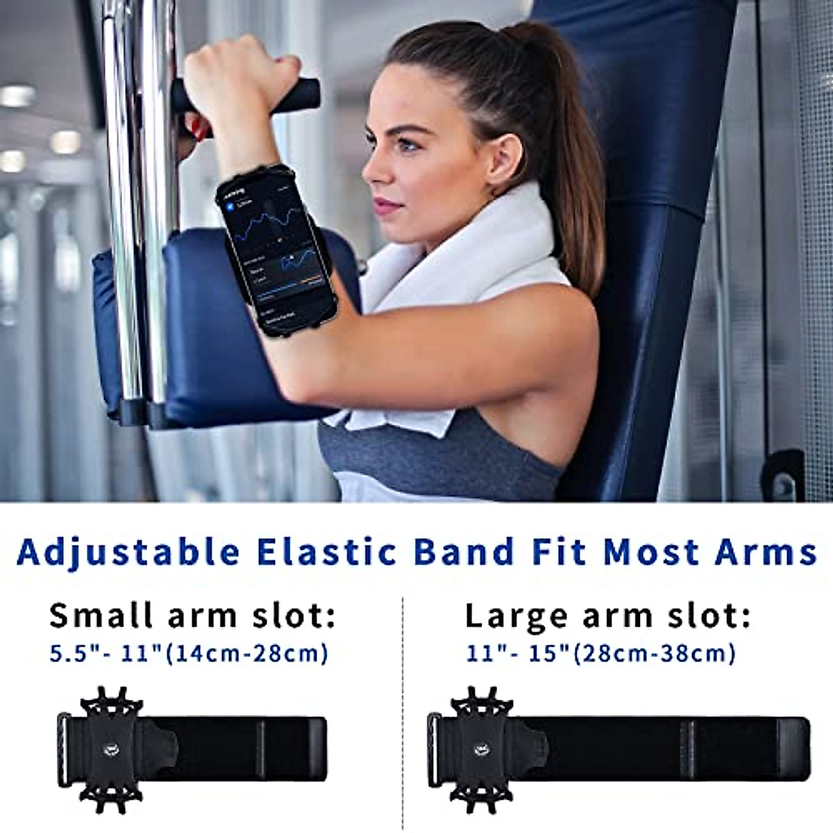 HLOMOM Wristband Running Phone Holder for iPhone 15/14/13/12 Pro Max/11/X/8 Plus/8/7, 360°Rotatable with Key Holder, Sports Wristband for Samsung Galaxy and All 4''-6.5''Phones (Non-removable-S)