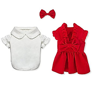Patas Lague Dog and Cat Dress Set with Shirt and Bowtie Hairpin, 3-Pieces Sweet Lovely and Cute Dog Cat Christmas Outfit Clothes, Pet Holiday Clothes for Small Medium Pets Vintage Design