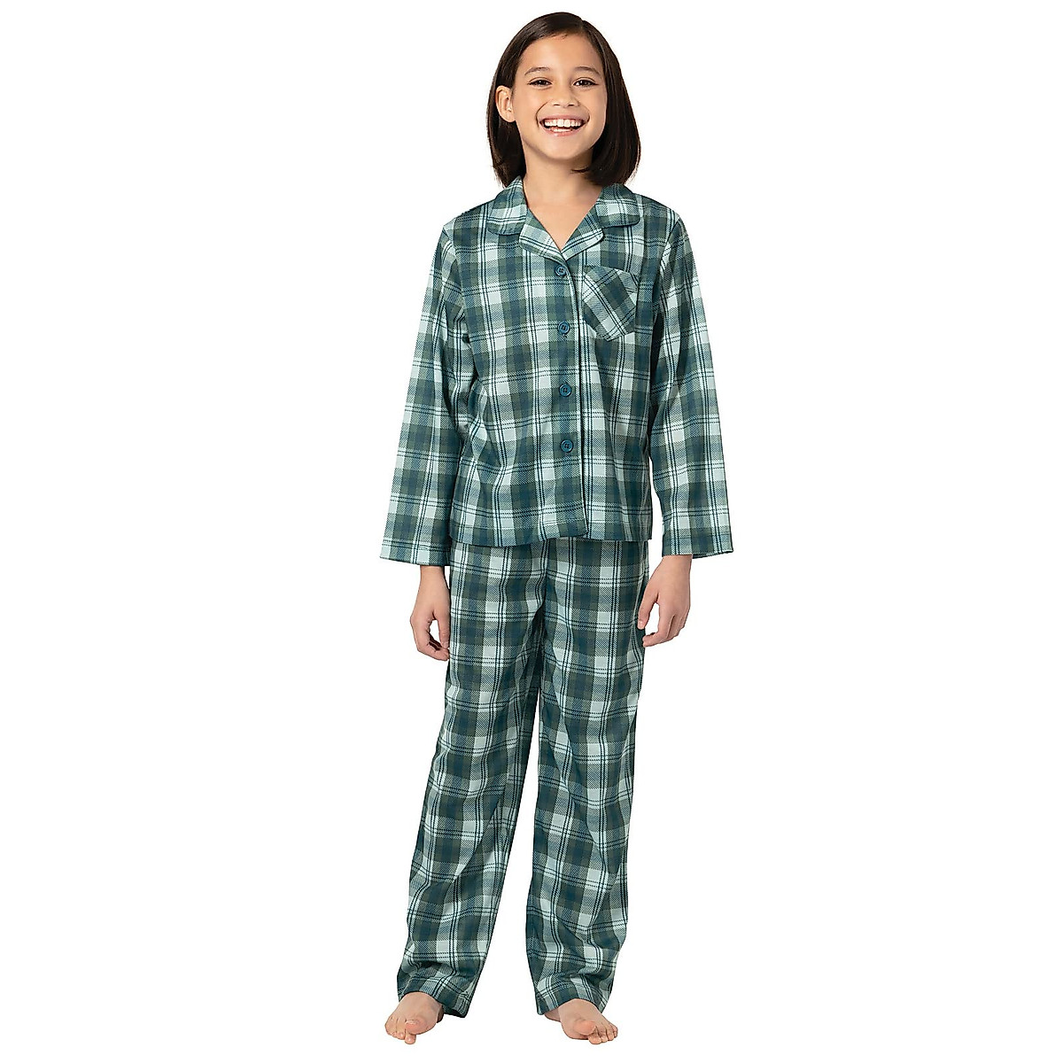 PajamaGram Pajamas Kids - Girls Pajama Sets, Teal Plaid Button-Front PJ, 10