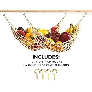 2 Pack Hanging Fruit Hammock - 2 Handwoven Cotton Produce, Banana, Macrame Fruit Hammocks For Kitchen Under Cabinet + 4 PCS Hooks - Storage That Saves Counter Space at Home, Boat, or Rv