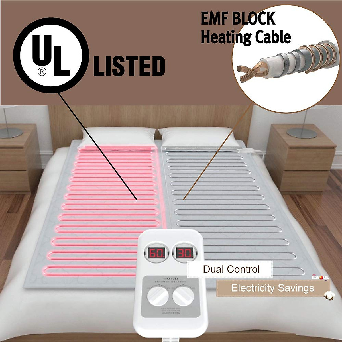 ILWOUL Heated Mattress Pad Large Washable Electric Heating Pad Mat Mattress. Auto 15 Hours Shut Off, Anti-Electrical Radiation, 100% Cotton Material, UL Listed (Double 55" x 70")