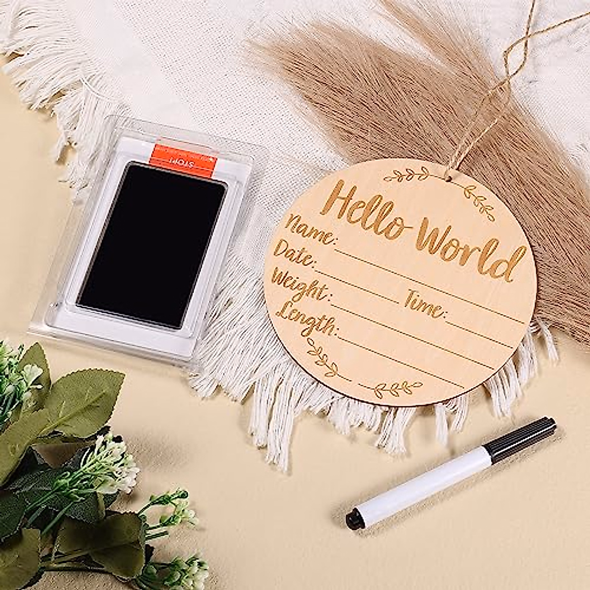 Baby Announcement Sign, 5.9 inch Double Side Wooden Birth Announcement Sign with Ink Pad for Baby Hand and Footprints for Hospital Hello World Newborn Announcements