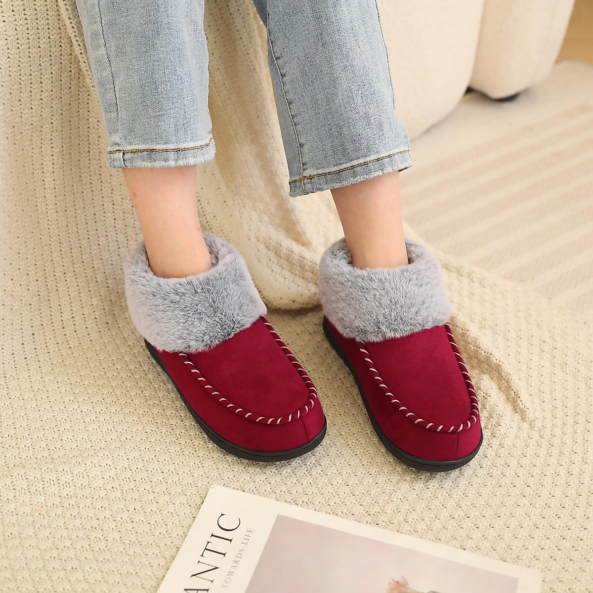 VONMAY Women's Bootie Slippers Suede Moccasin Boots Fuzzy Plush Faux Fur House Shoes Winter Warm Memory Foam Non-slip Indoor Outdoor, Red, Size 11