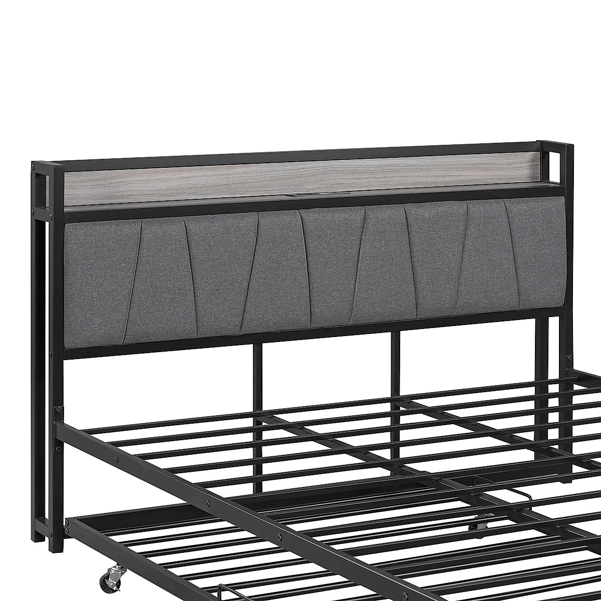Anwick Metal Platform Bed Frame with Twin Size Trundle, Upholstered headboard, Sockets, USB Ports and Slat Support, No Box Spring Needed