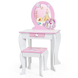 HONEY JOY Kids Vanity Set with Mirror, Wooden Princess Makeup Table and Stool Set, Detachable Mirror & Storage Drawer, Pretend Play Toddler Girl Vanity, Vanity for Little Girls (Unicorn White)