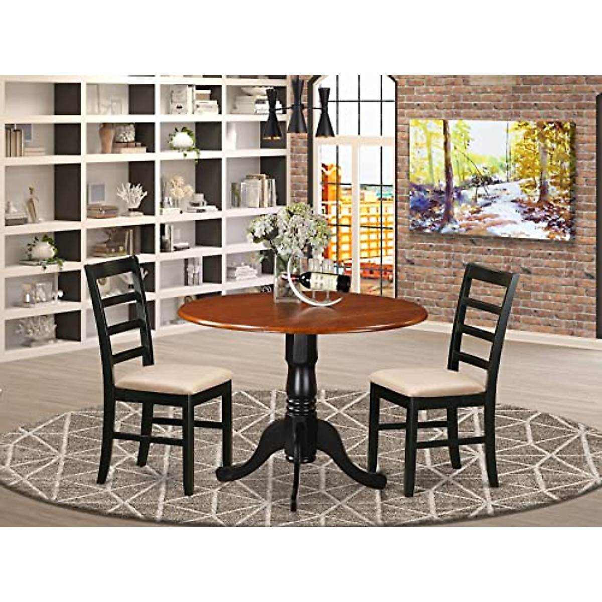 East West Furniture Dublin 3 Piece Set Contains a Round Dining Room Table with Dropleaf and 2 Linen Fabric Upholstered Kitchen Chairs, 42x42 Inch, Black & Cherry