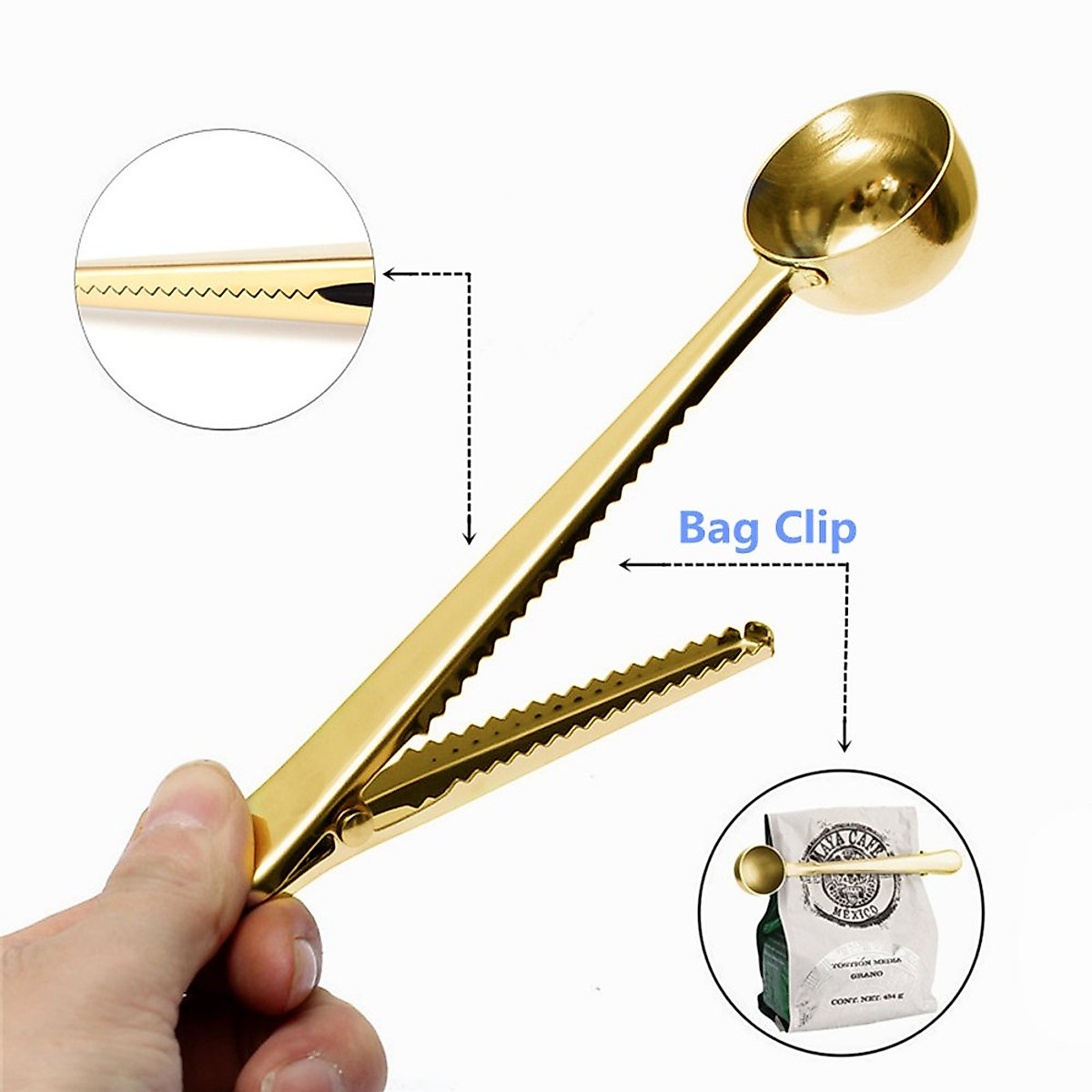 Voice on growth Coffee Scoop, Stainless Steel Golden Multi Function Coffee Measuring Spoon，Great Measuring Coffee, Tea，Protein Powder, Instant Drinks More - Perfect Coffee Spoon Bag Clip