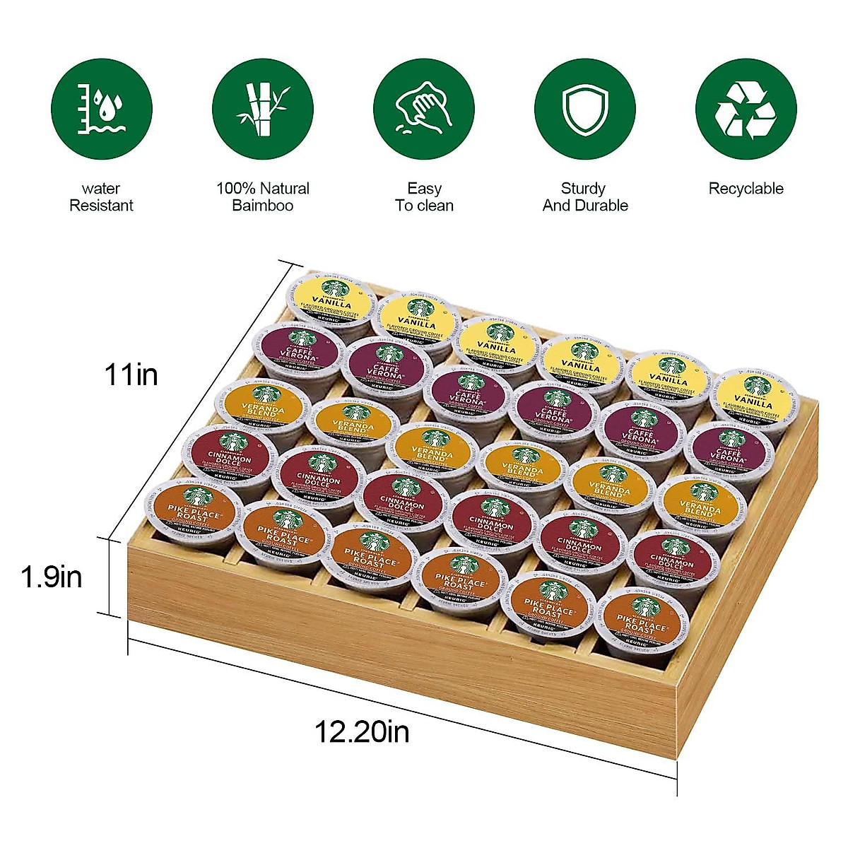 Bayting Bamboo K Cup Holder, Coffee Pod and Tea Bag Organizer for Drawer or Countertop, Adjustable K Cup or Tea Bag Organizer for Coffee Station, Up to 30 K Cups