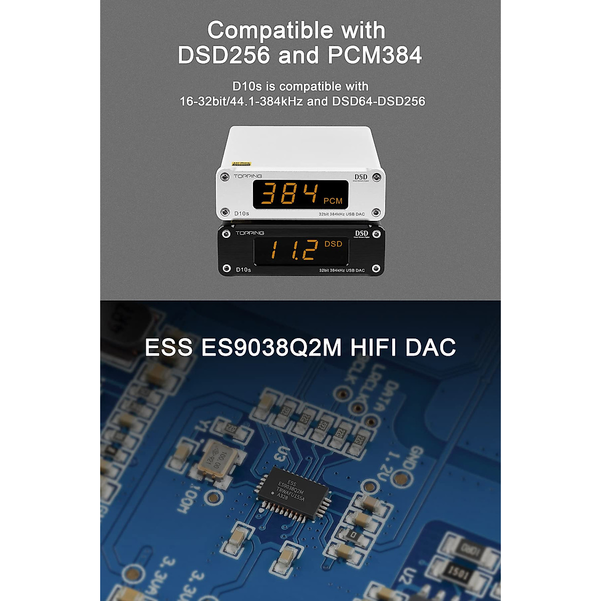 Topping D10s Mini USB DAC CSS XMOS XU208 ES9038Q2M OPA2134 Audio Amplifier Decoder Black