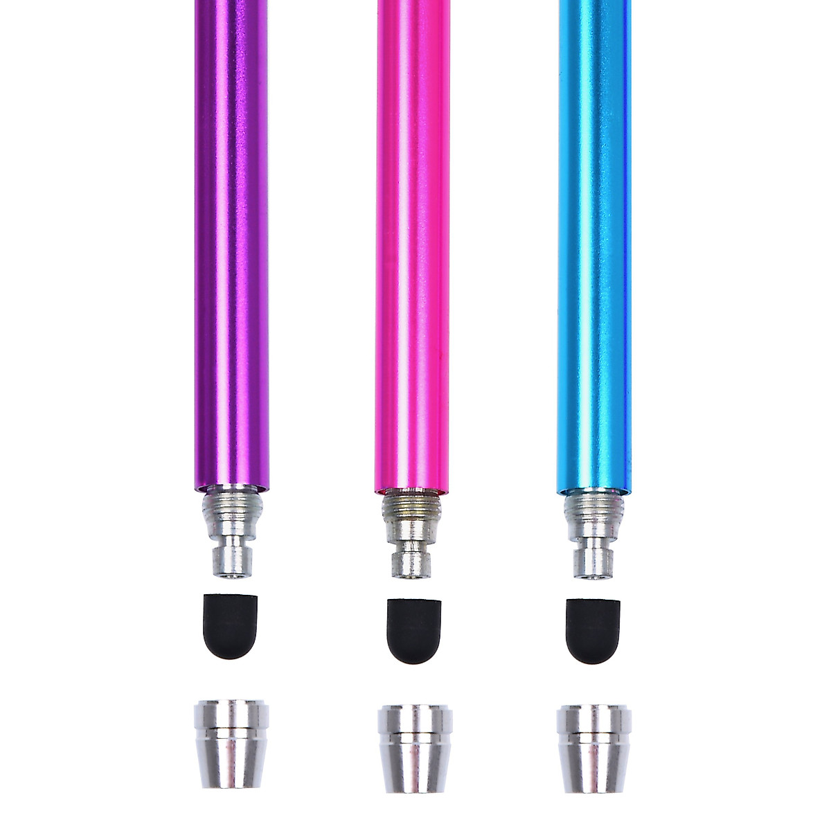 The Friendly Swede Extra Long Stylus Pen for Touchscreen — Set of 3 Thin-Tip High Precision Capacitive 7.3" Stylus Pens; Incl. Elastic Lanyards, 3 Replaceable Tips & Cleaning Cloth - Pink/Purple/Blue