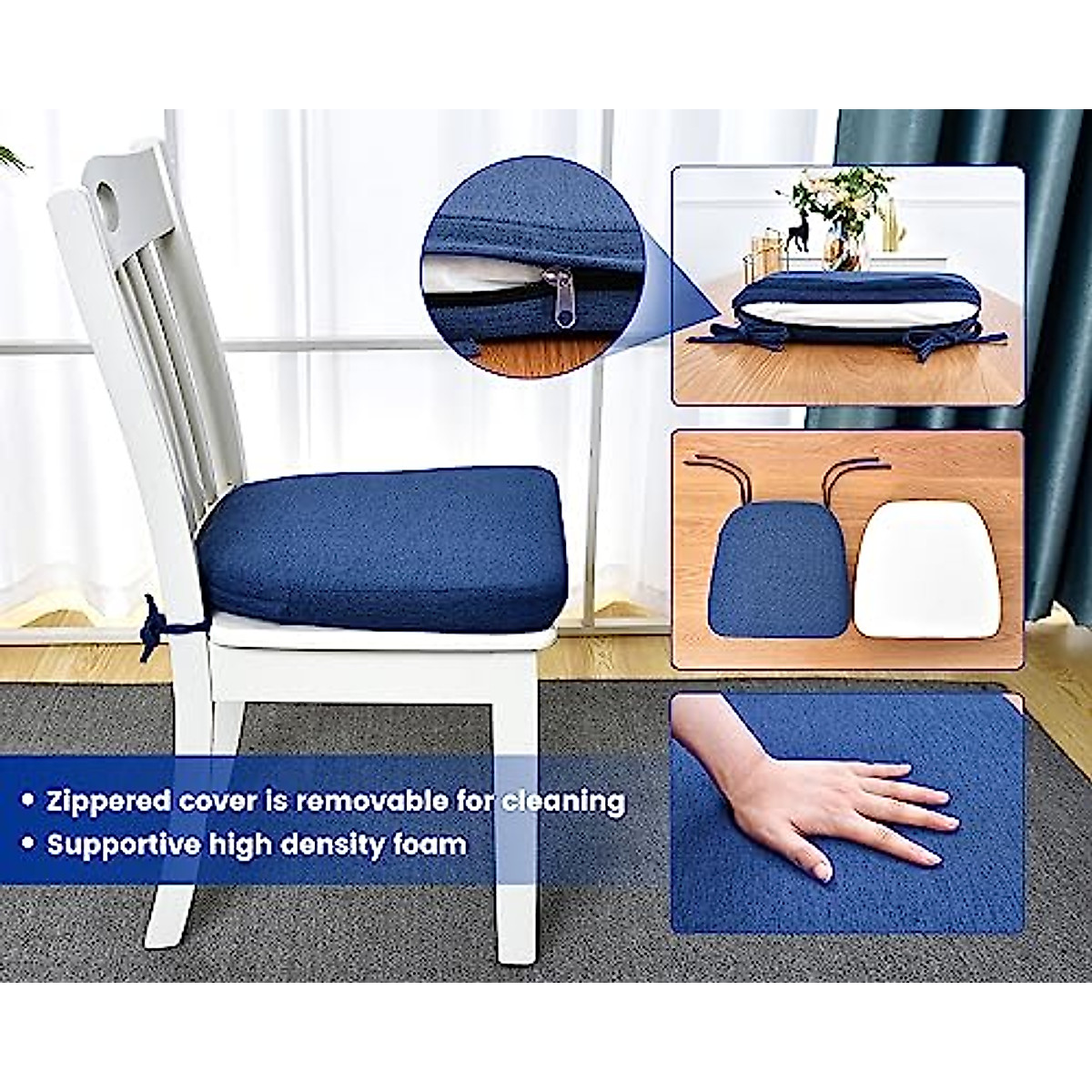 COSNUOSA Kitchen Chair Cushions Dining Chair Cushions with Ties Non Slip Kitchen Dining Chair Pads Seat Cushion Set 17 x 16 Inches Navy Blue 4 Pcs