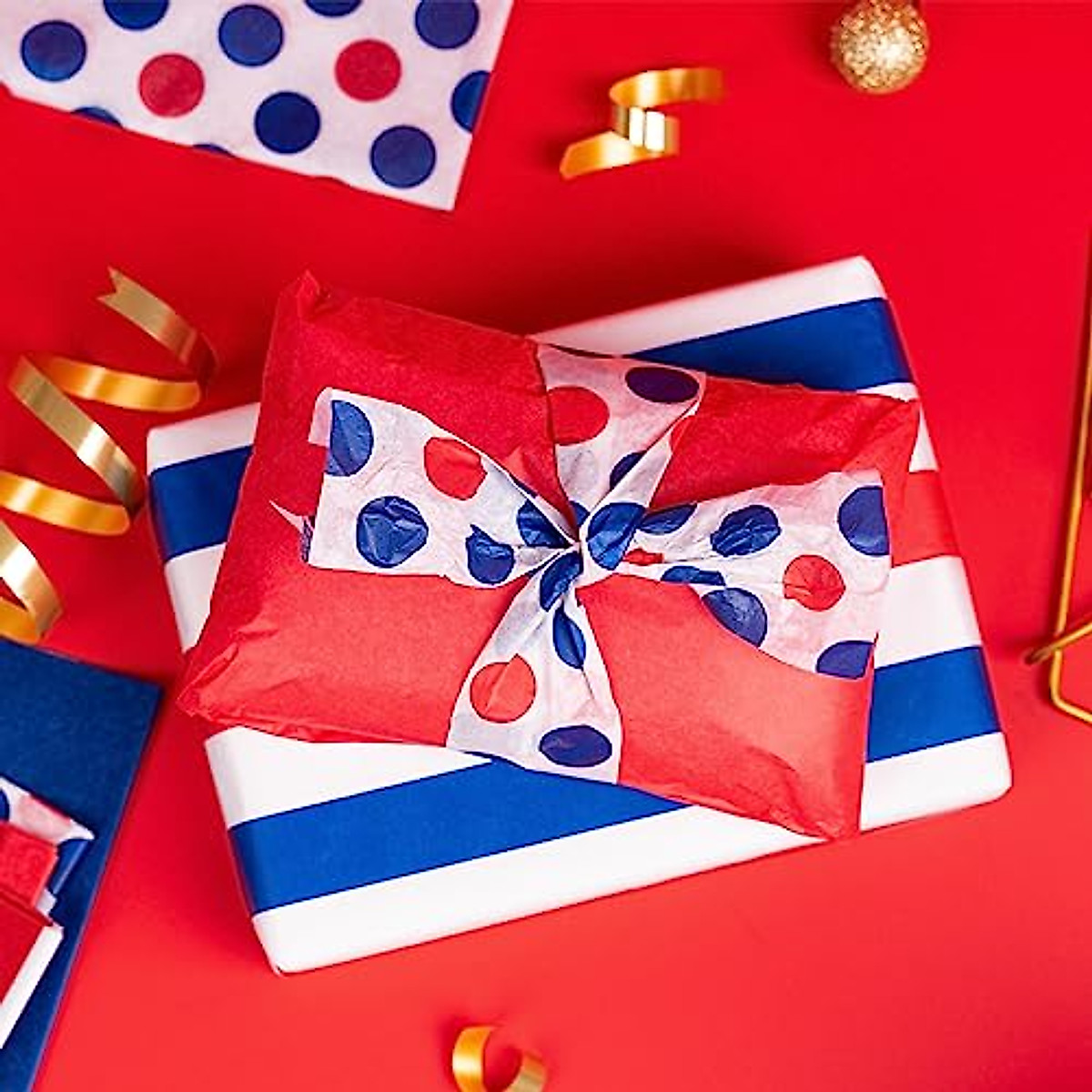 MAYPLUSS Independence Day Wrapping Tissue Paper - 100 Sheets - Red/Blue/White Design - 13.7 inch X 19.7 inch Per Sheet