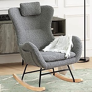 Modern Gray Rocking Chair Nursery Living Room Rocking Chair Teddy Fabric Upholstered Glider Chair High Backrest Side Hanging Pocket Side Accent Chair for Bedroom Offices (Gray + Polyester)