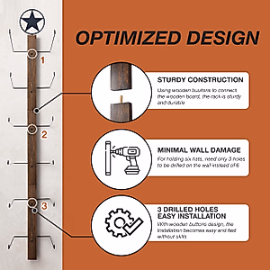 P-ALADIN Cowboy Hat Rack, Cowboy Hat Holder, 6 Pieces Western Hat Rack For Wall with Natural Wooden Board, Cowboy Hat Hanger for Wall Décor Keeps Original Shape of Hat