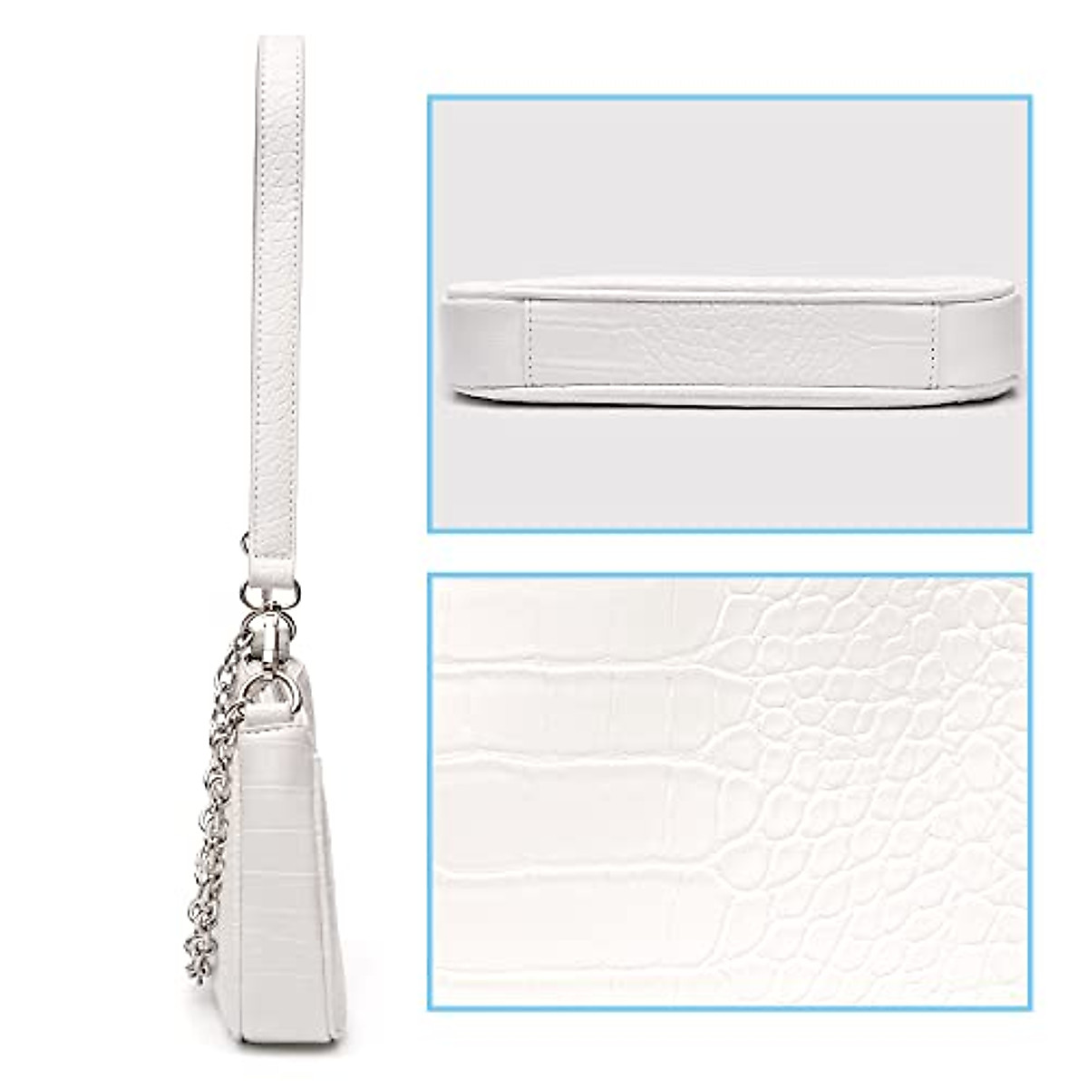 BOBOWINGS White Small Purses for Women, Mini Crocodile Pattern Leather Shoulder Bag Trendy with Silver Chain, Zipper Closure