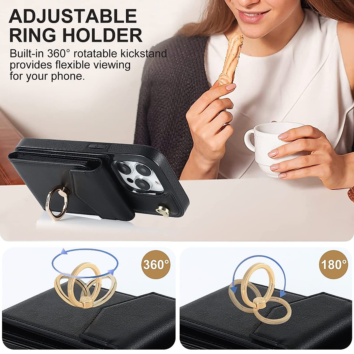 XYAJUANG Phone Case Compatible with iPhone 14 Pro（6.1''），Leather Accordion Folding Wallet &Card Holder with RFID Shielding Material Phone Case ，with Adjustable Ring Holder and Lanyard (Black)