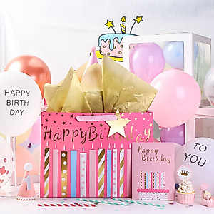 MAYPLUSS 16" Birthday Large Gift Bag with Greeting Card and Tissue Paper for Birhtday - Pink Gold Foil Candle Design