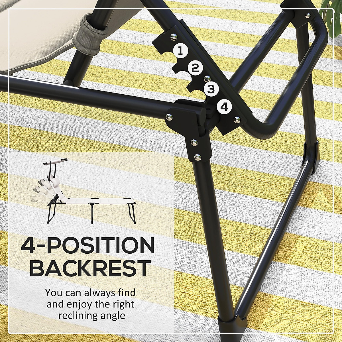 Outsunny Outdoor Lounge Chair, Adjustable Backrest Folding Chaise Lounge, Cushioned Tanning Chair with Sunshade Roof & Pillow Headrest for Beach, Camping, Hiking, Cream White