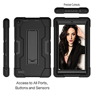 For All-New Fire 7 2019/2017 (9th Gen, 7th Gen) Case,Cherrry Heavy-Duty Rugged Kickstand Series - Shockproof Hybrid Three Layer Armor Kids Case Cover For Amazon All-New Fire 7 2019 (Black/Black)
