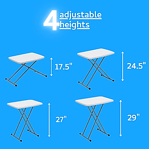 New Home Era 30" Height Adjustable Plastic Folding Tray Table - Portable, Easy Storage, and Perfect for Living Room and Bedroom - White