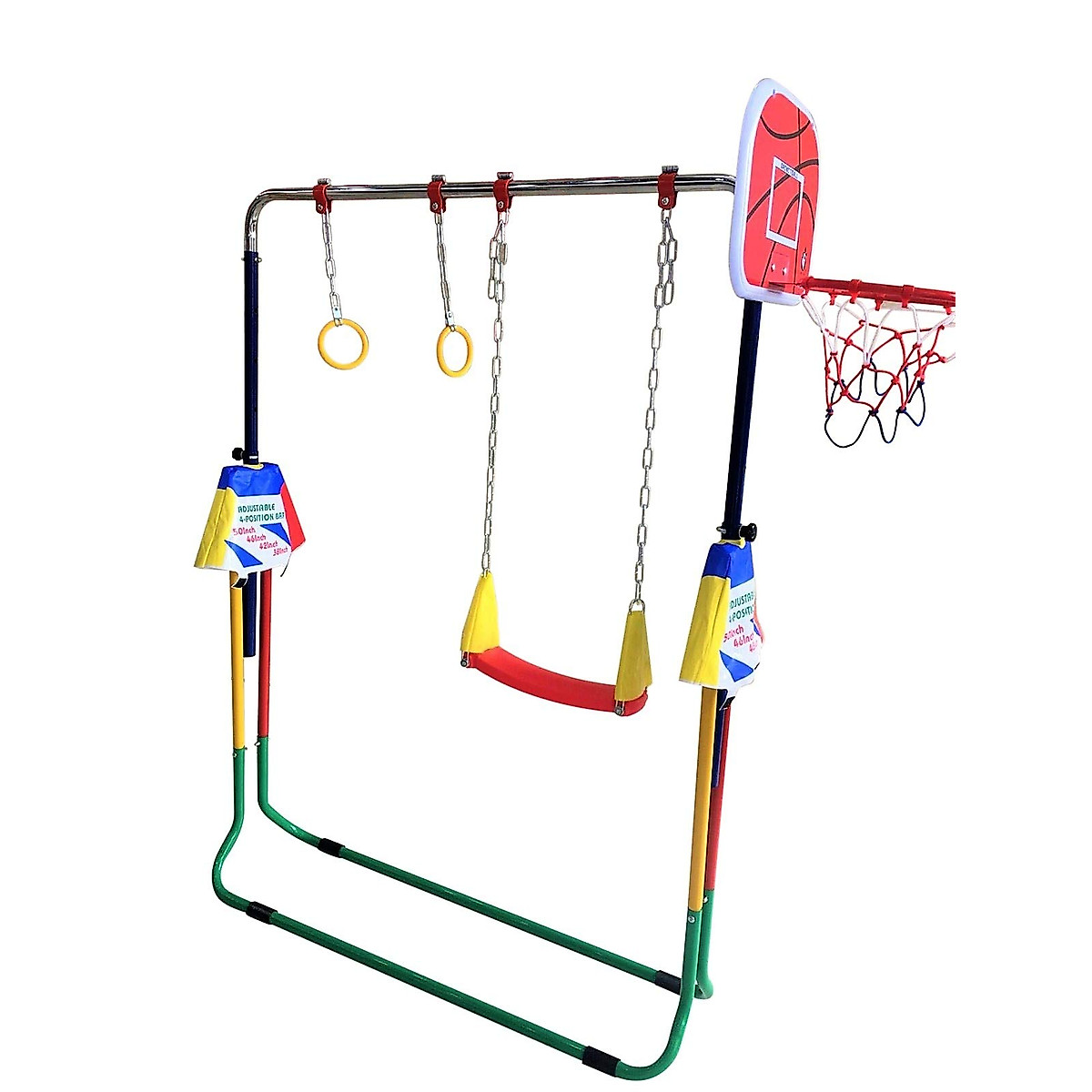 Kids Jungle Children Monkey Bar Gymnastics Athletic Expandable Kip Balance Bars Junior Training Play Gym Green with Swing, 2 Hanging Rings and Basketball Hoop and 6" Gymnastics Mat