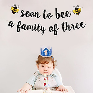 KUNGOON Soon To Bee a Family of three Banner, Welcome Baby Party Banner,Bumble Bee Theme Baby Shower/Mommy to Bee/Daddy to Bee Party Supplies Decoration(Black).