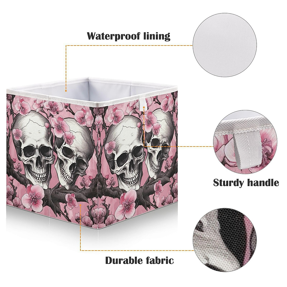 xigua Skull and Flowers Storage Basket Cubes 11In ,Foldable Fabric Bins Shelves Toy Storage Box Closet Organizers for Nursery,Utility Room, Storage Room656