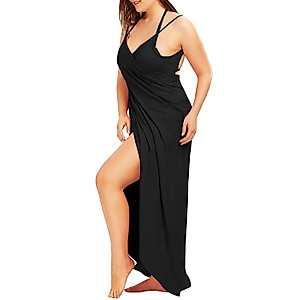 Fadalo Plus Size Spaghetti Strap Cover Up Beach Backless Wrap Long Dress (Black, xx_l)