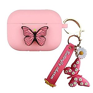 YQG Butterfly AirPods Pro Case, Shockproof Silicone 3D Butterfly Airpods 3 Cover Keychain for Women Girls Gift Compatible with Apple Airpods Pro Charging Case-Pink Butterfly
