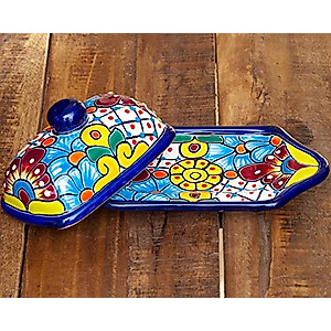 Enchanted Talavera Pottery Hand Painted Ceramic Butter Dish Kitchen Butter Holder Spanish Hand Painted Floral Design (Cobalt Blue Multi)