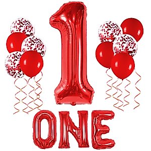 Large - Red One Balloon for First Birthday, 40 Inch Number 1 Balloon, Red 1st Birthday Balloons, Confetti Balloons, Red 1 Balloon 1st Birthday Decorations for Boys, 1 Year Old Balloon