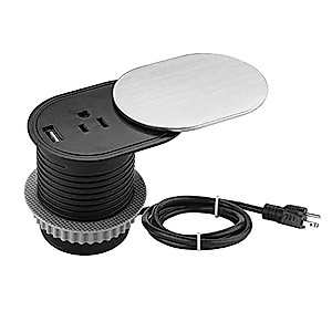 Link2Home Space Saver Grommet Socket with USB, 1 Power Outlet 15A, 1 USB Port 2.4A Fast Charge, Splash Resistant, and Stainless-Steel Finish