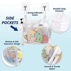 Bathtub Toy Organizer with 4 Suction Sticker Hooks, Two Side Pockets Bottom Zippered, Large Opening and Greater Capacity ​
