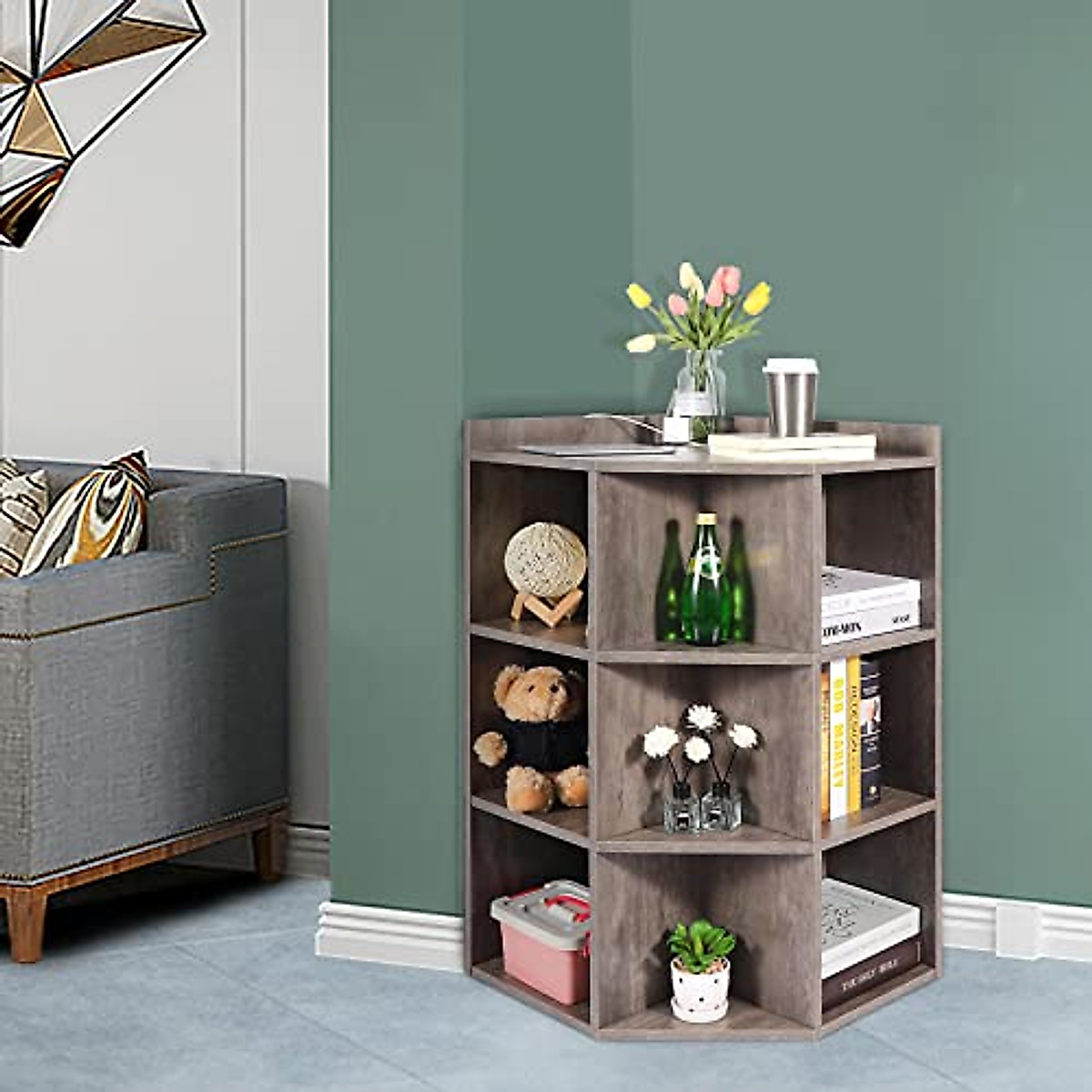 ALUPOM Corner Cabinet,Corner Cube Toy Storage with 2 USB Ports and 2 Outlets, Wooden Corner Bookshelf with 9 Cubes for Living Room,Bedroom,Space Saving Easy to Assemble